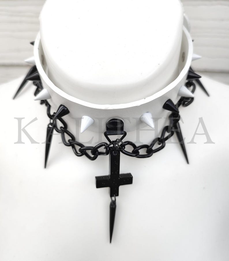 White Leather Choker - Inverted Cross Collar With Chains - Etsy