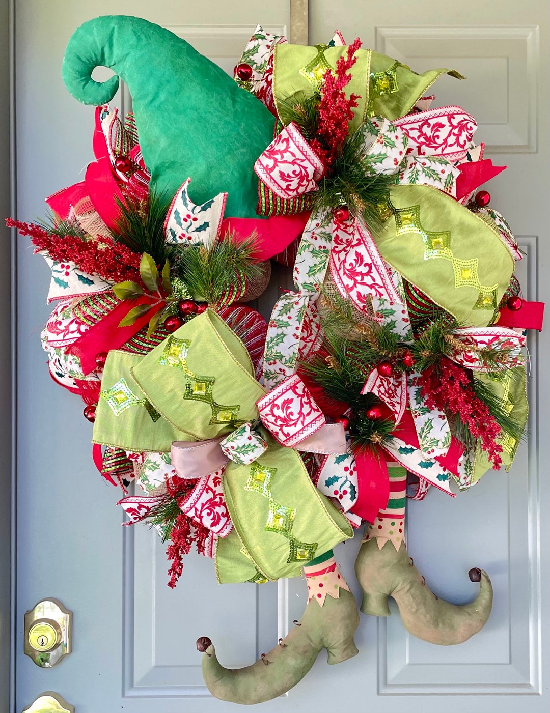 Christmas Wreath, Elf Wreath, Deco Mesh Wreath, Elf Hat Wreath, Rustic ...