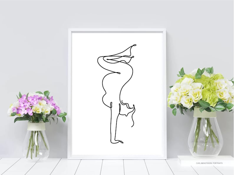 Pregnant Handstand Bent Legs Wall Art, Woman, One Line Drawing ...