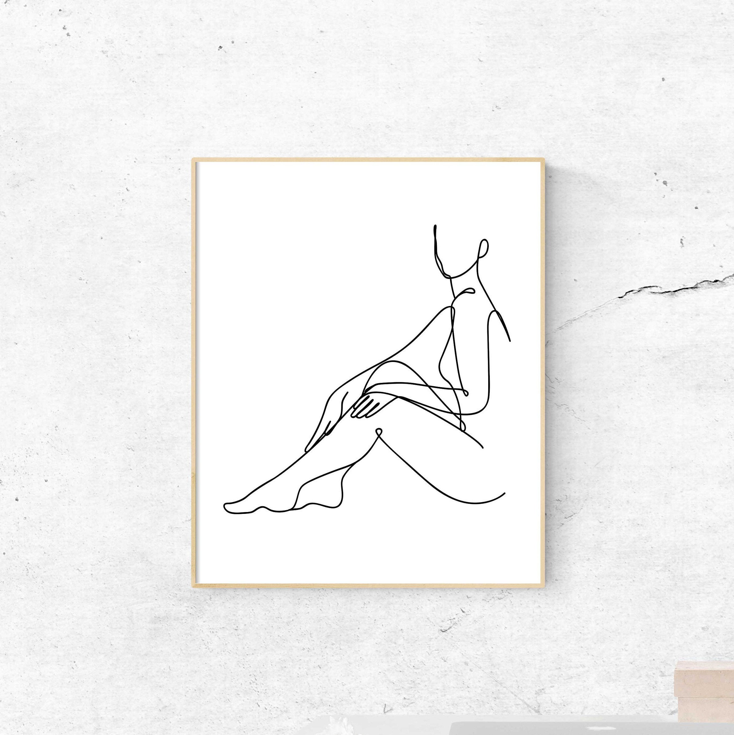 Feminine Wall Art One Line Naked Woman Drawing Black And White Spa
