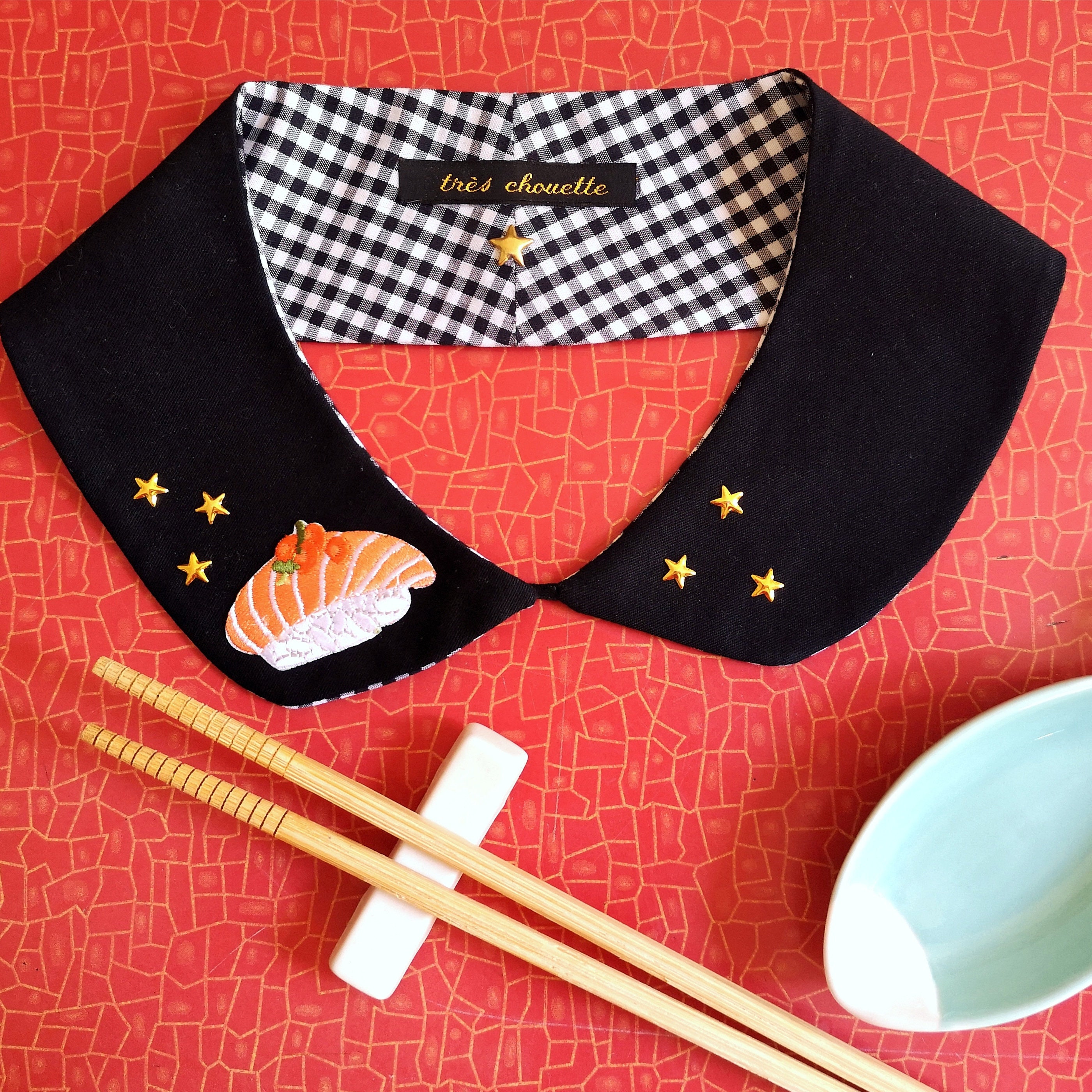 Black Weaved Cotton Peter Pan Collar Featuring Sushi Patch and Gold ...