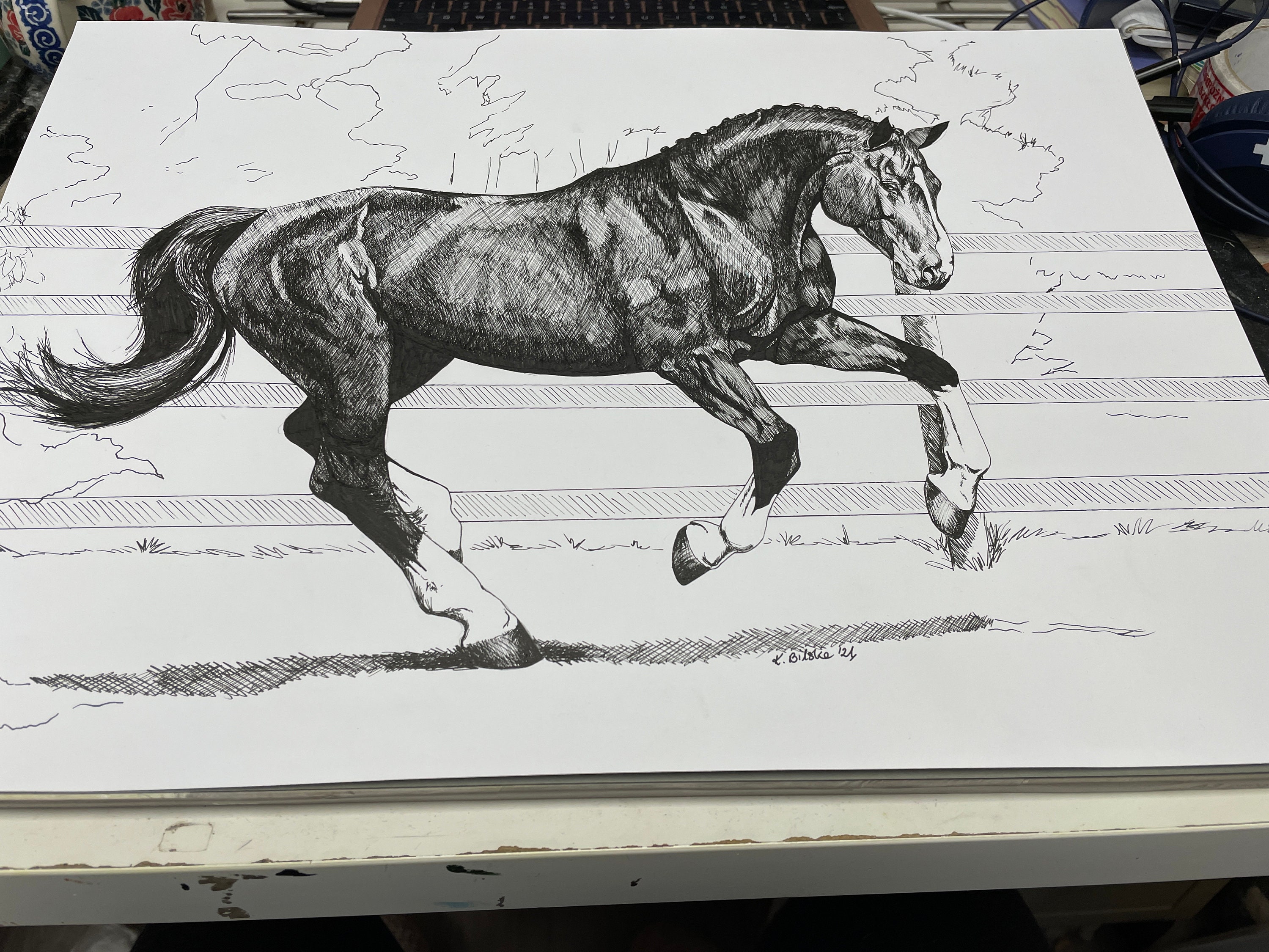 COA Original Art Drawing Vintage Galloping Horse Equestrian Pet Animal ...