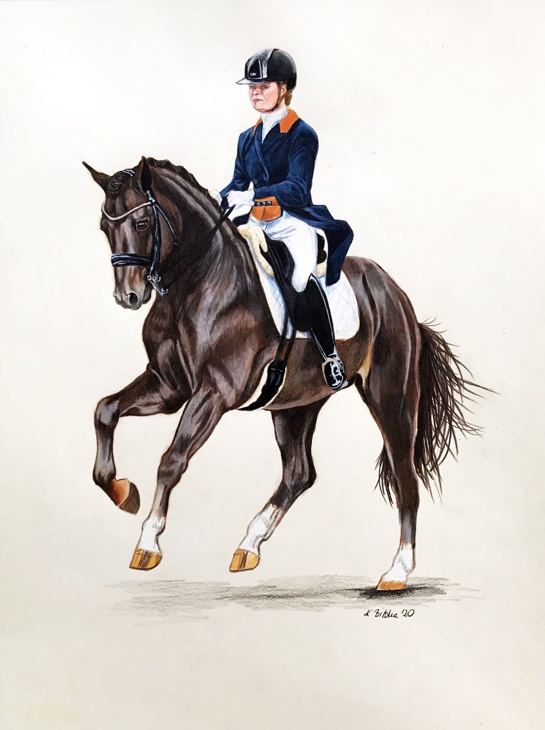 COA Original Art Drawing Vintage Dressage Ridder Horse Animal Realism ...