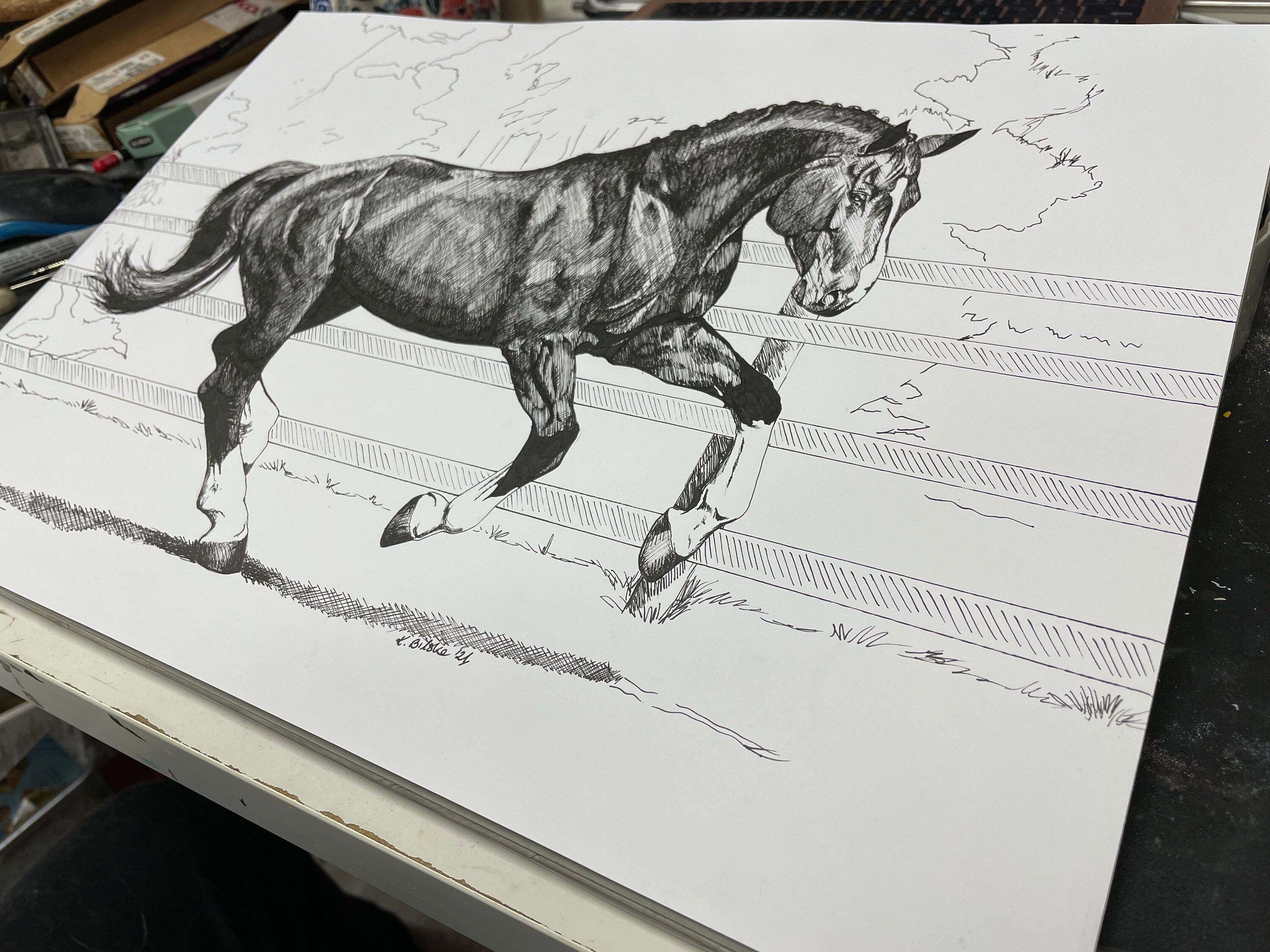 COA Original Art Drawing Vintage Galloping Horse Equestrian Pet Animal ...