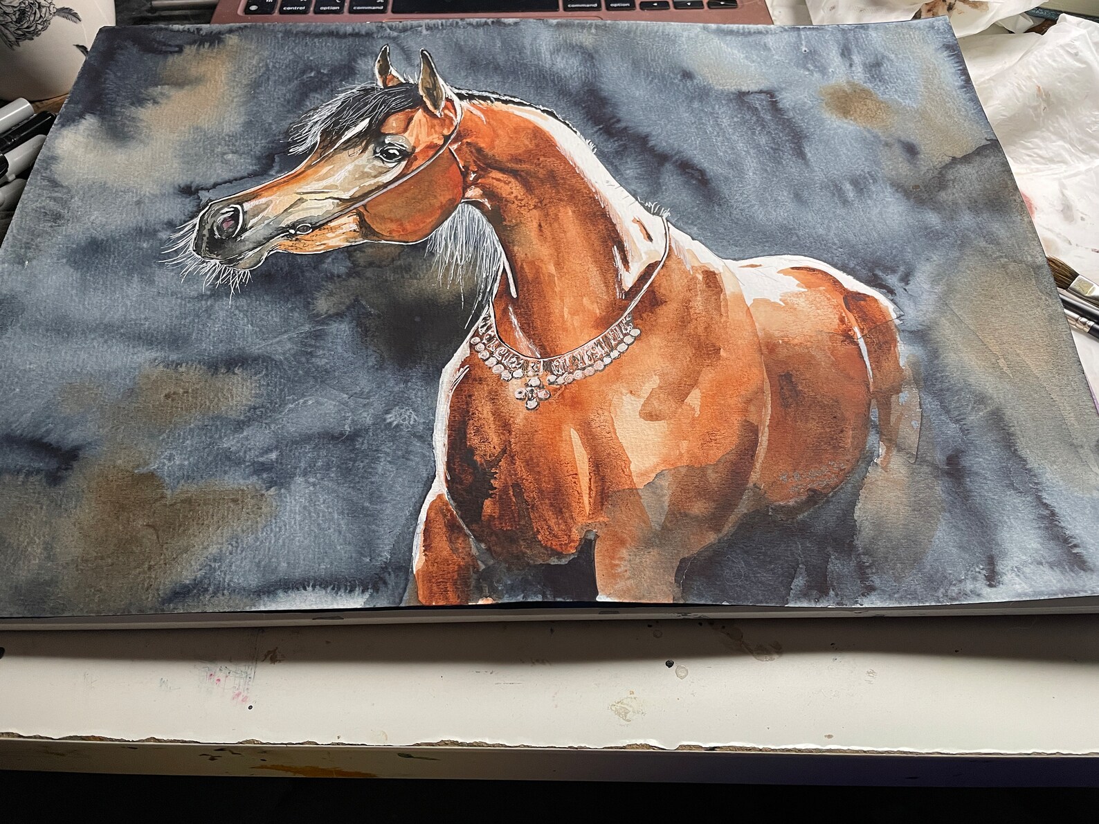 COA Original Art Arabian Horse Portrait Animal Realism A3 Watercolor ...