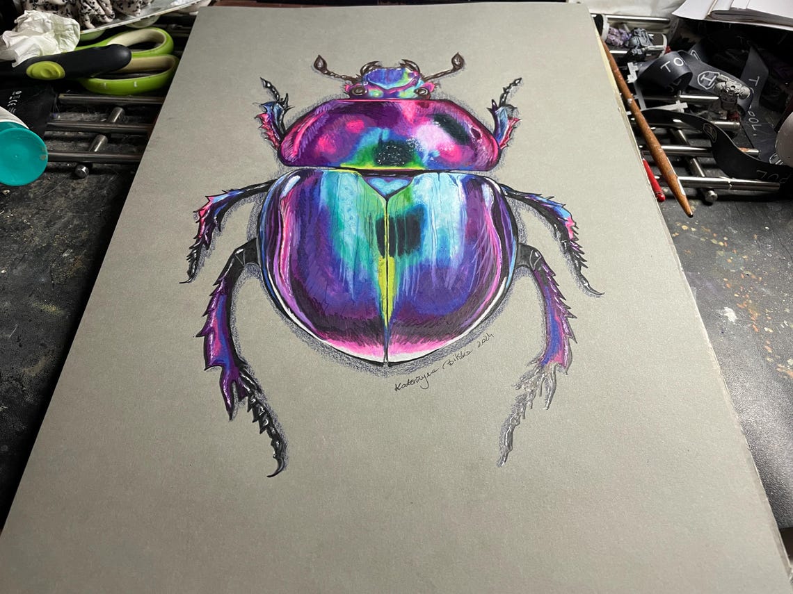 COA Original Art Drawing Pencils Colorful Beetle Hyperrealism on Paper ...