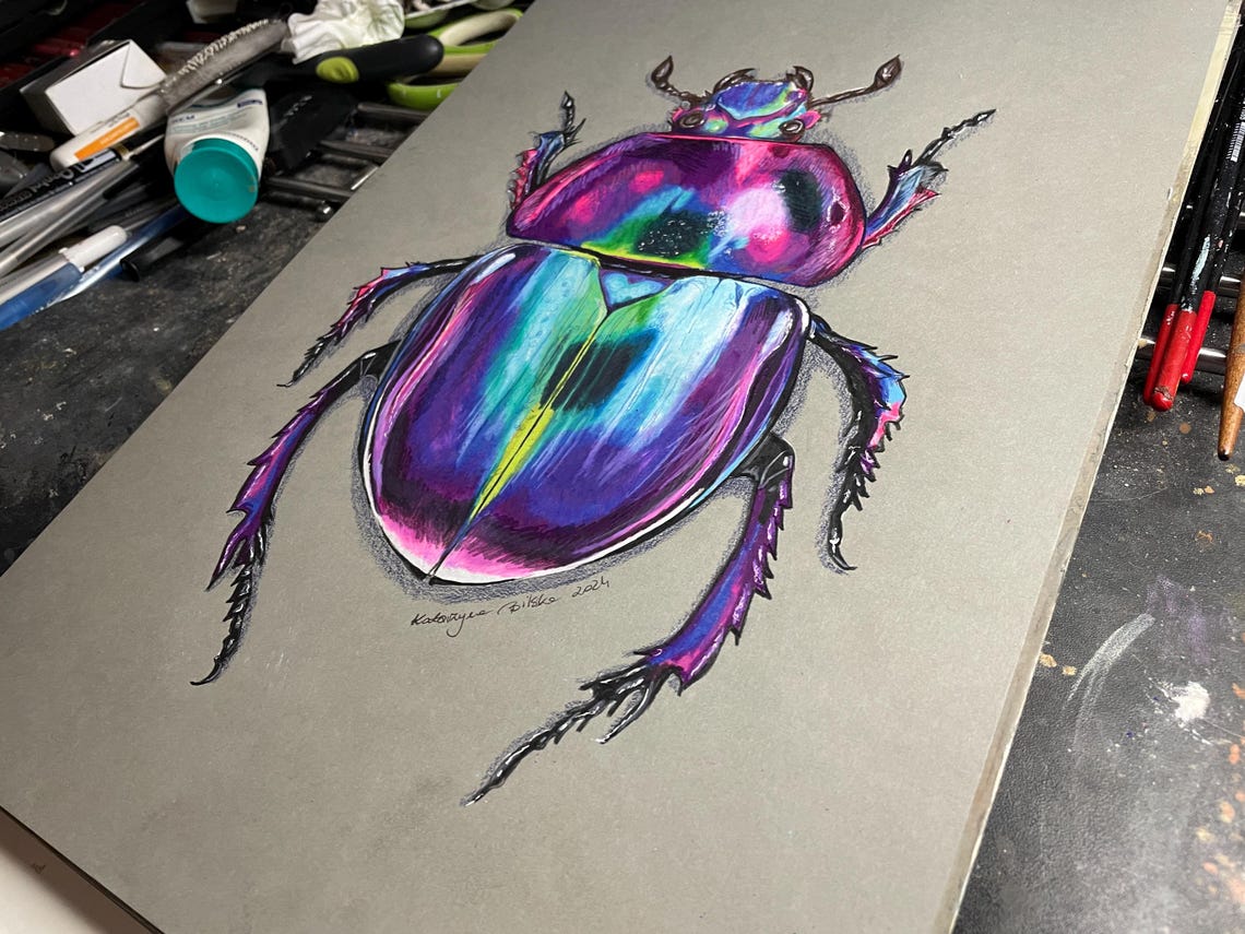 COA Original Art Drawing Pencils Colorful Beetle Hyperrealism on Paper ...