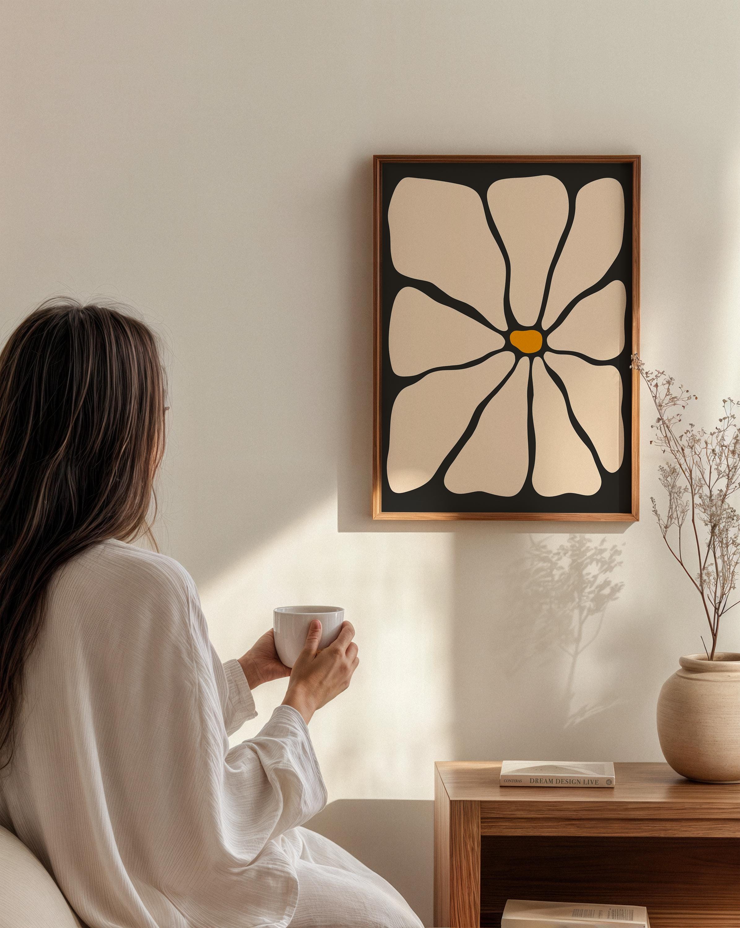 70s Retro Daisy Poster, Digital Download Flower Print, Charcoal Black ...