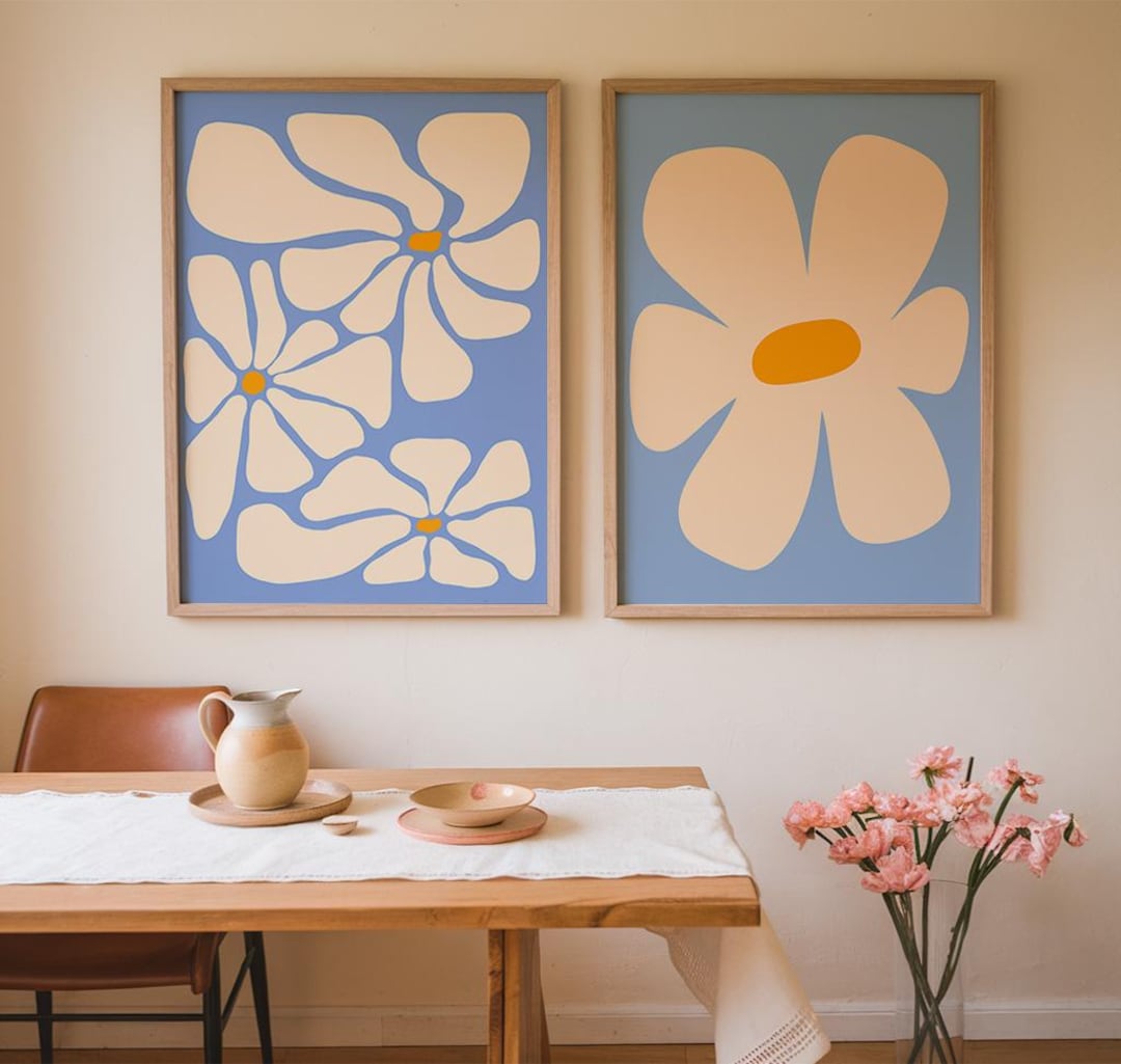 Spring Daisy Poster Set, Matching 60s Retro Flower Wall Art Print, Sky ...
