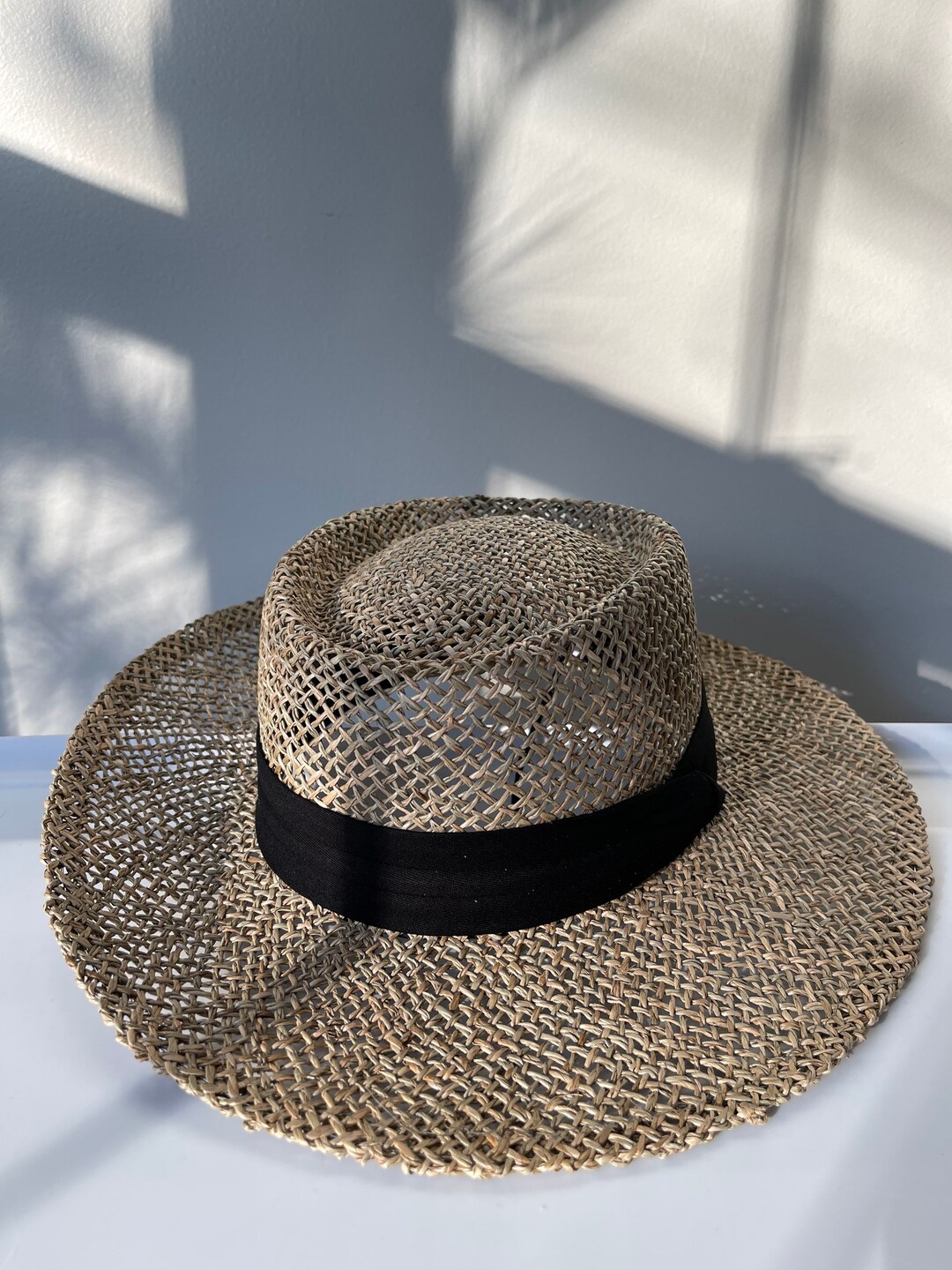 Sun Beach Hat Wicker Straw Grass Beige Trim - Etsy