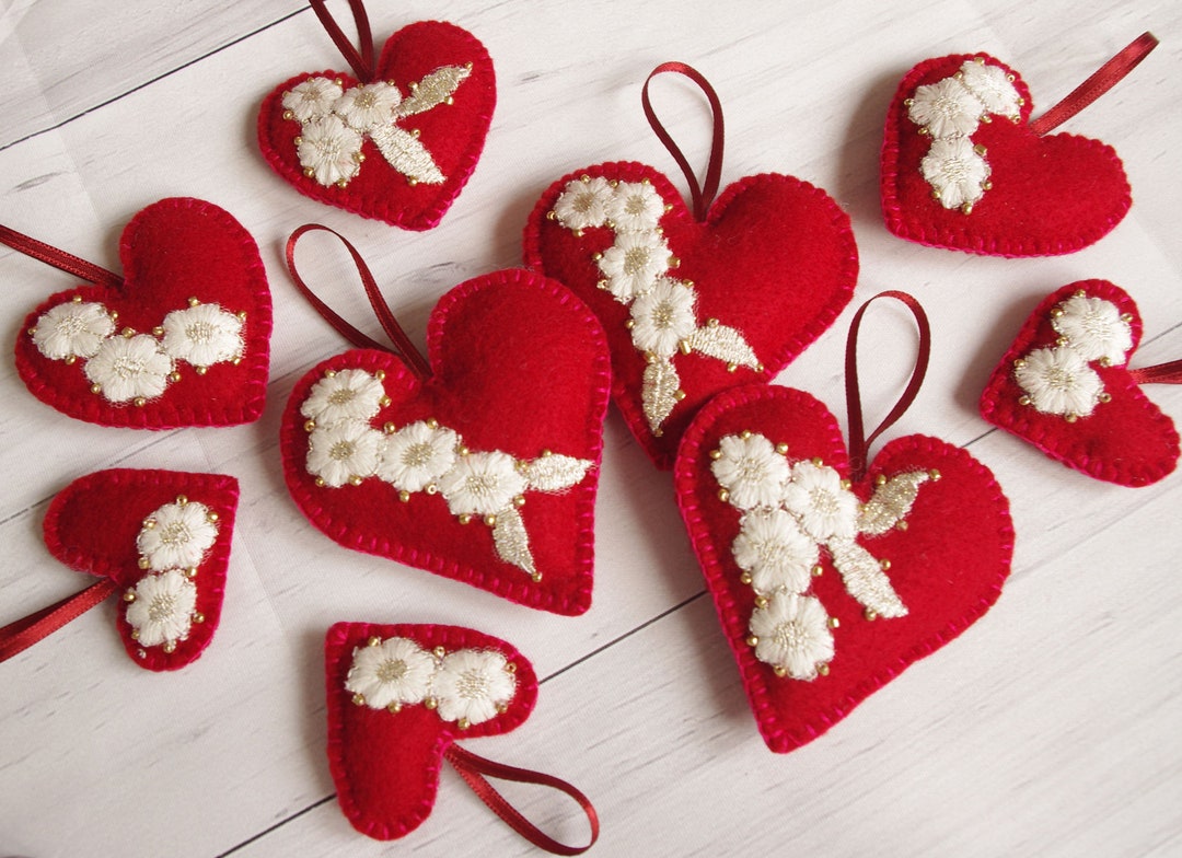 Luxurious Felted Heart Ornaments, Stuffed Christmas Tree Ornaments ...