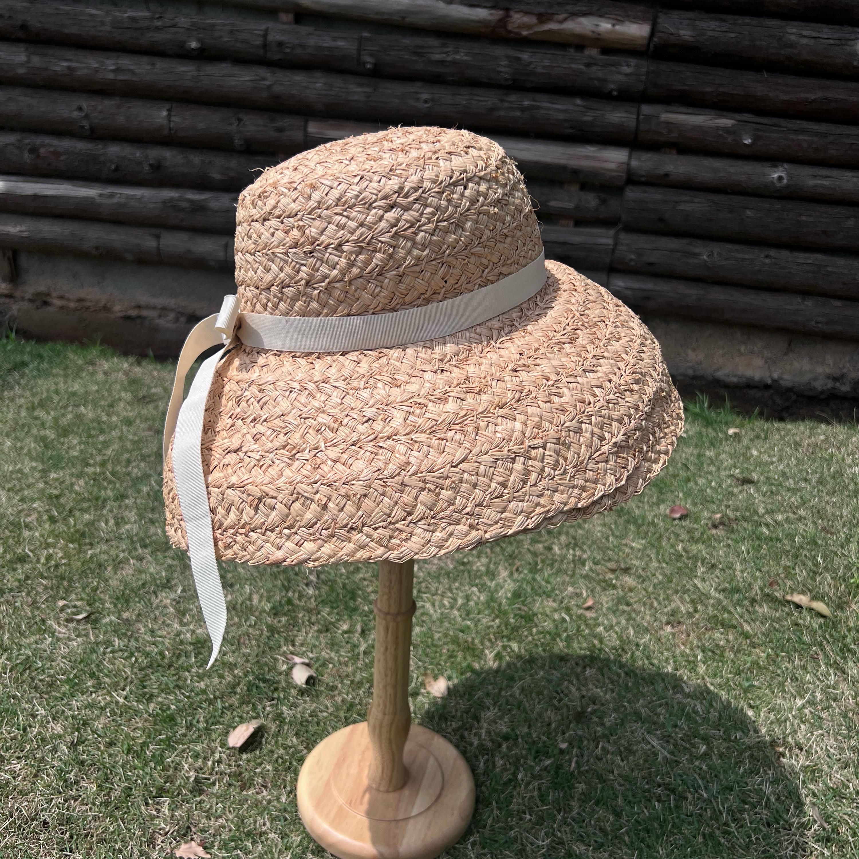 Bow Streamer Large Brim Laffi Straw Hat Outdoor Travel Sun Protection ...