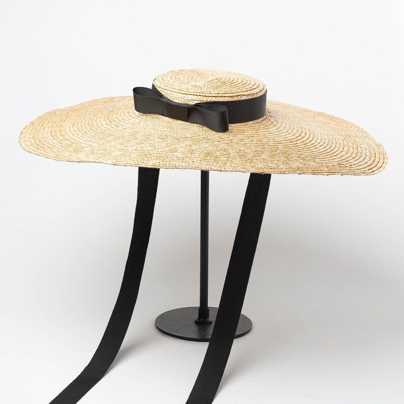 Retro Flat Top Hat With Bow Tie And Large Brim Straw Hat Etsy