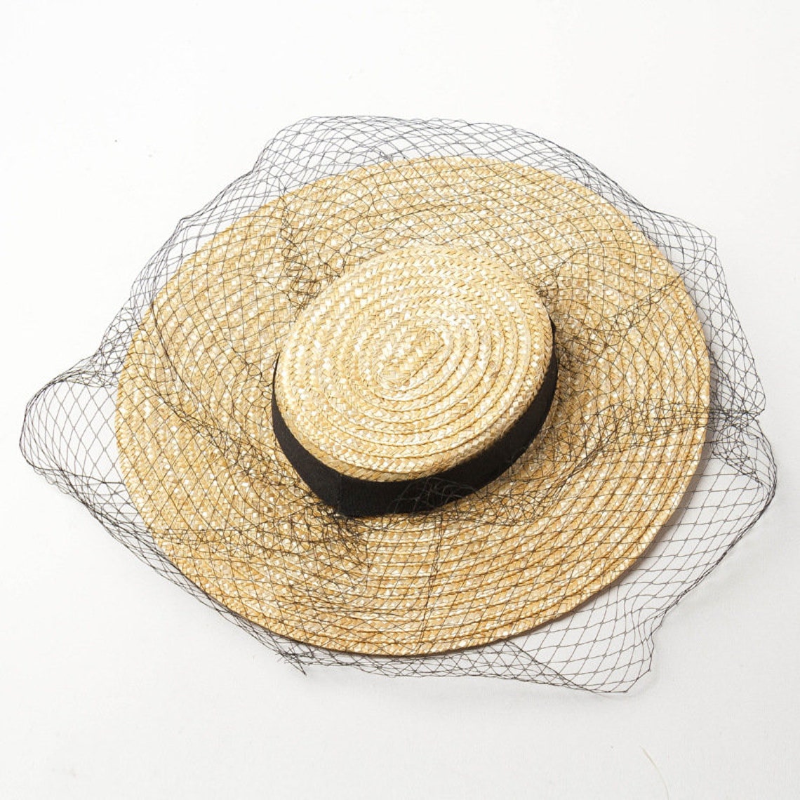 A Straw Hat With a Flat Top and Wide Eaves Decorated With | Etsy