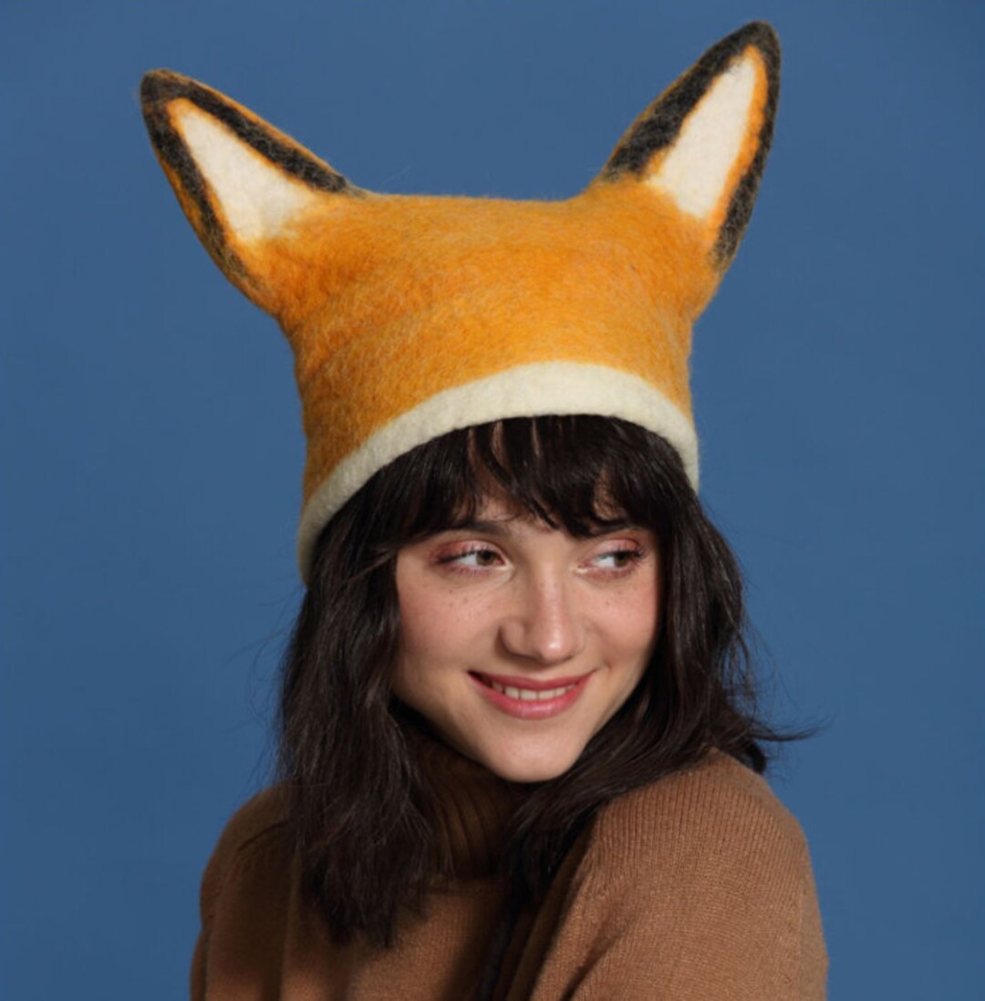 Handmade Wet Felt Pointed Ears Orange Fox Ears Hat DIY Creative Design ...