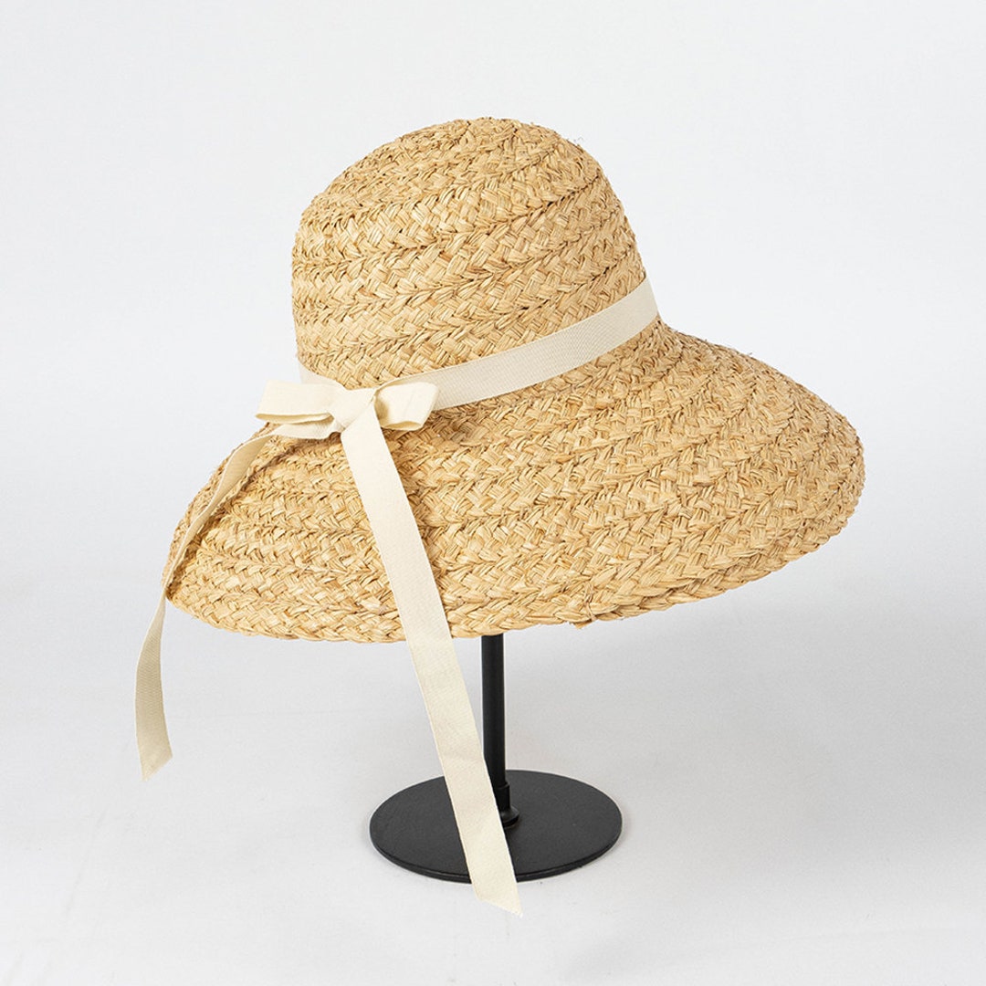 Bow Streamer Large Eaves Raffia Straw Hat Outdoor Travel Sun Protection ...
