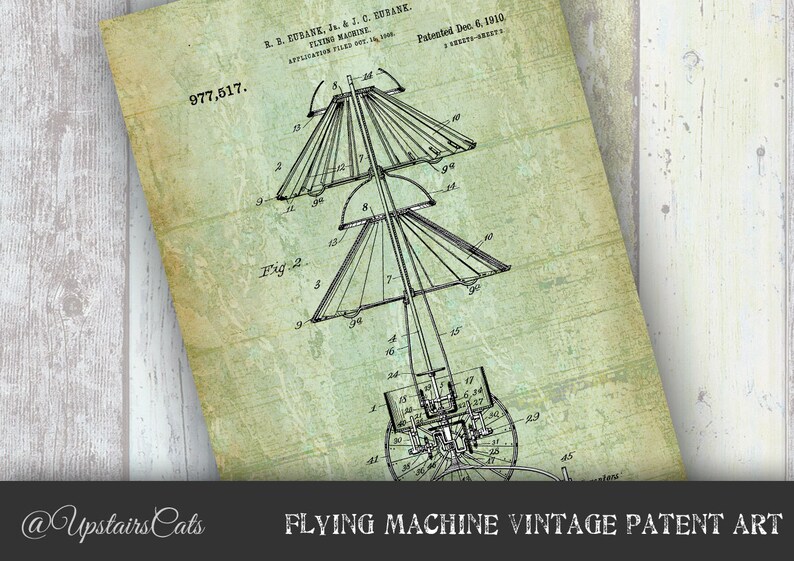 1910 Flying Machine Patent Art Print, Vintage Mechanical Art - A3 & A4 ...