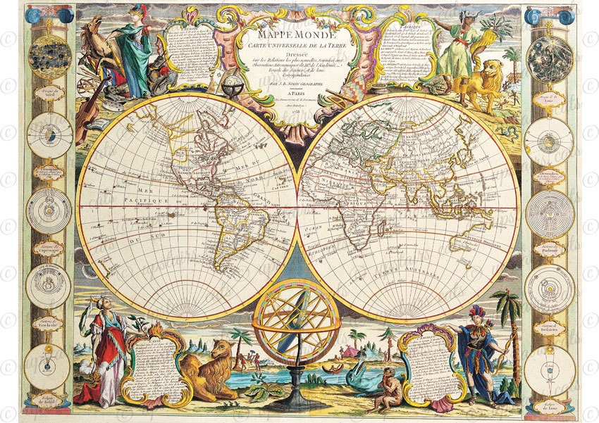 18th Century Antique World Map Double Hemisphere Digital Print ...