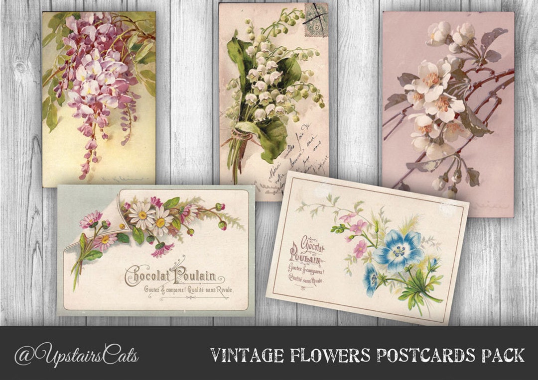 Vintage Flowers Postcards Digital Pack of 5 - Old Postcards Flowers and ...