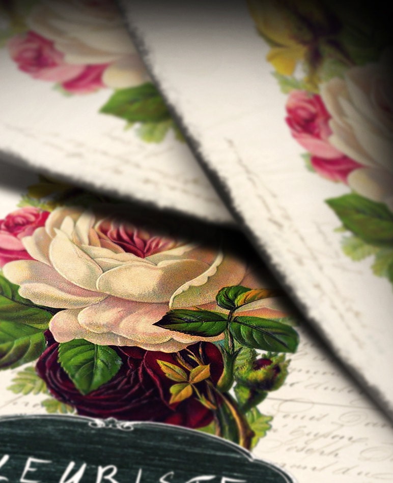 Ephemera French Rose Vintage Collage Paper Digital ATC Background ...
