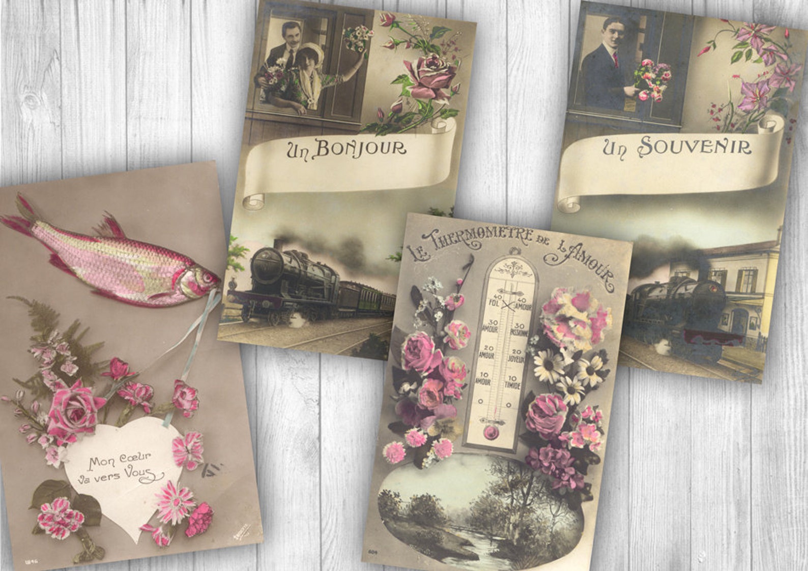 French Love Postcards - Pack of 4 - Amour Ephemera Vintage Cards ...
