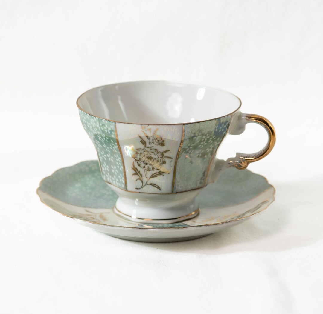 Vintage Iridescent Porcelain Teacup & Saucer Set, Paneled Floral ...