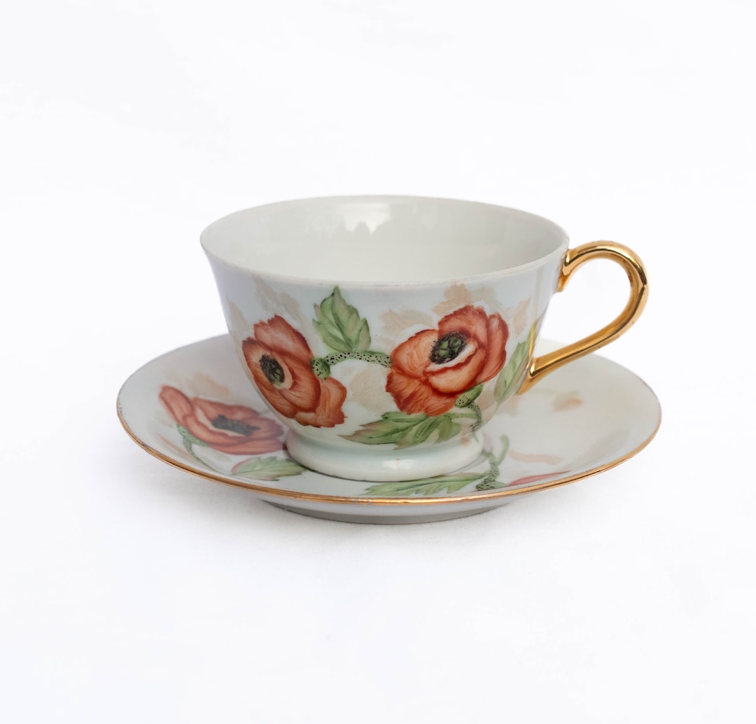 Vintage Signed Tea Cup and Saucer Set With Poppies Motif and Lithophane ...