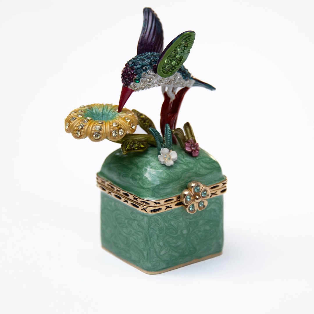 Vintage RUCINNI Hummingbird Jeweled Trinket Box Miniature Filigree ...