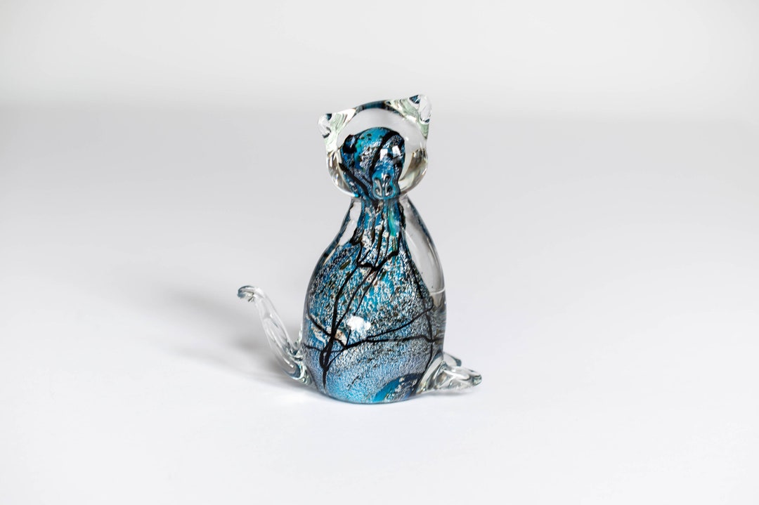 Vintage Murano Style Art Glass Cat Paperweight, Blue Silver Glass Cat ...
