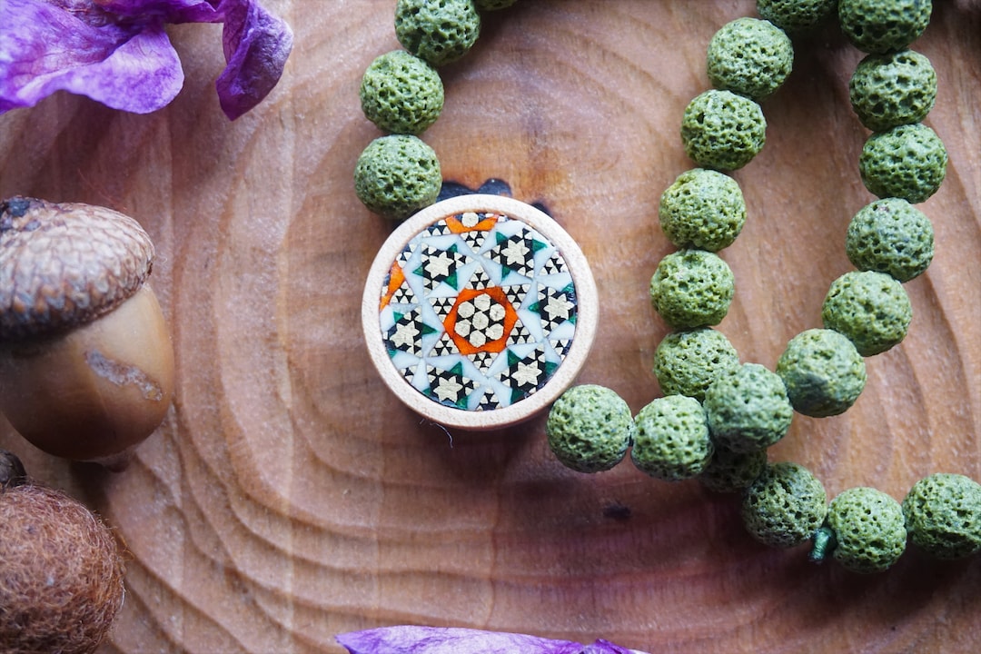 Bracelet, Khatam Pattern, Marquetry, Green Color Lava Beads, Adjustable ...