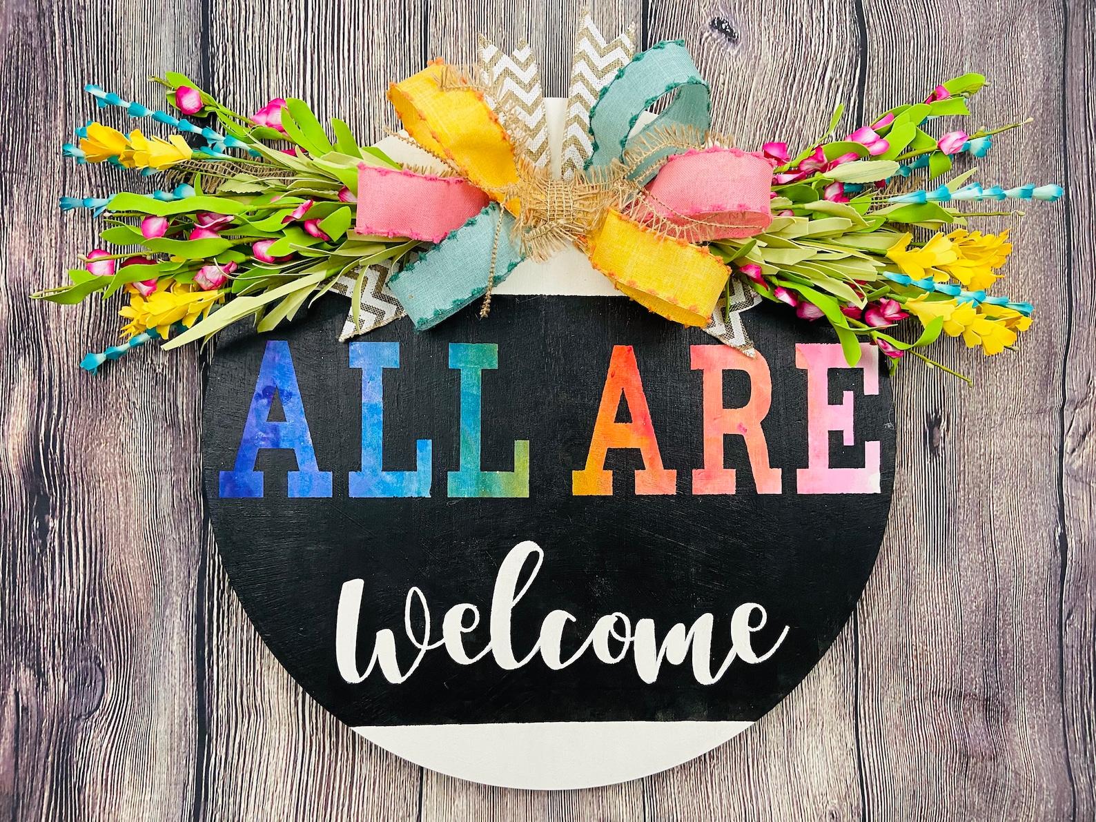 All Are Welcome Round Wooden Front Door Sign Hanging - Etsy