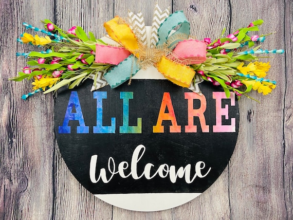 All Are Welcome Round Wooden Front Door Sign Hanging | Etsy