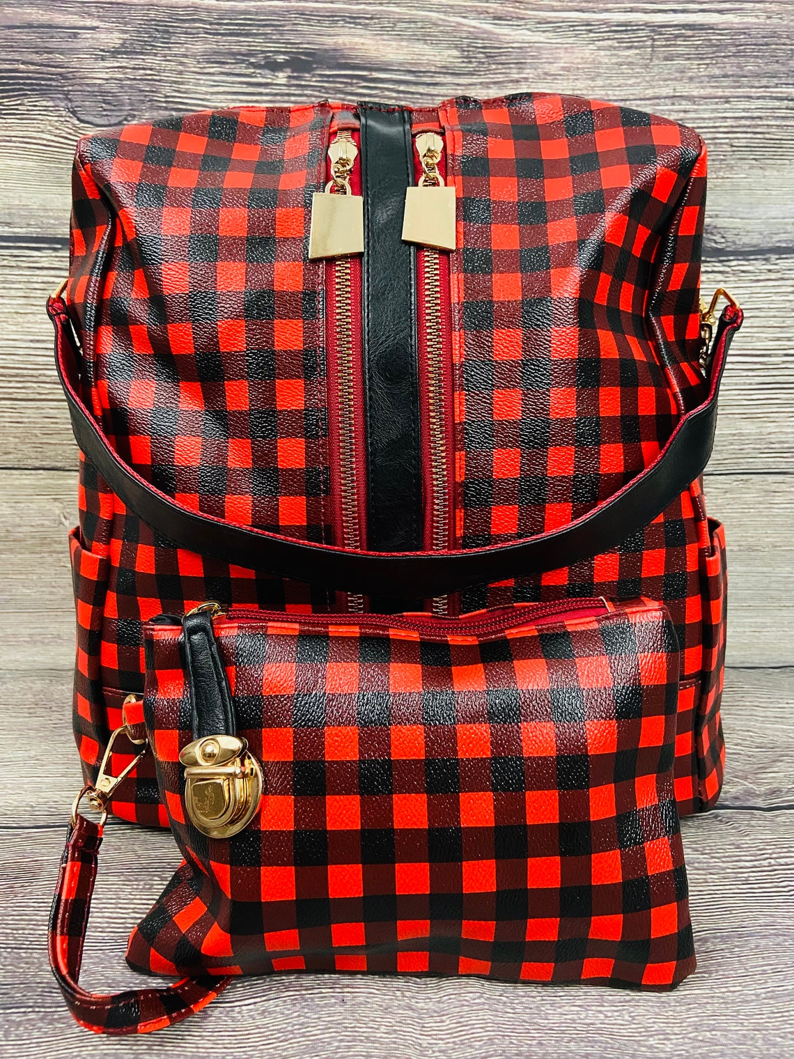 Amazing Buffalo Plaid Faux Leather Convertible Bag, Backpack, Diaper ...