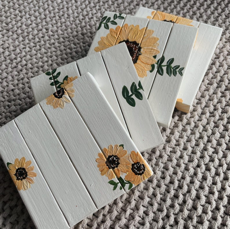Sunflower Hand Painted Wooden Square Coasters, Sunflower Coasters ...