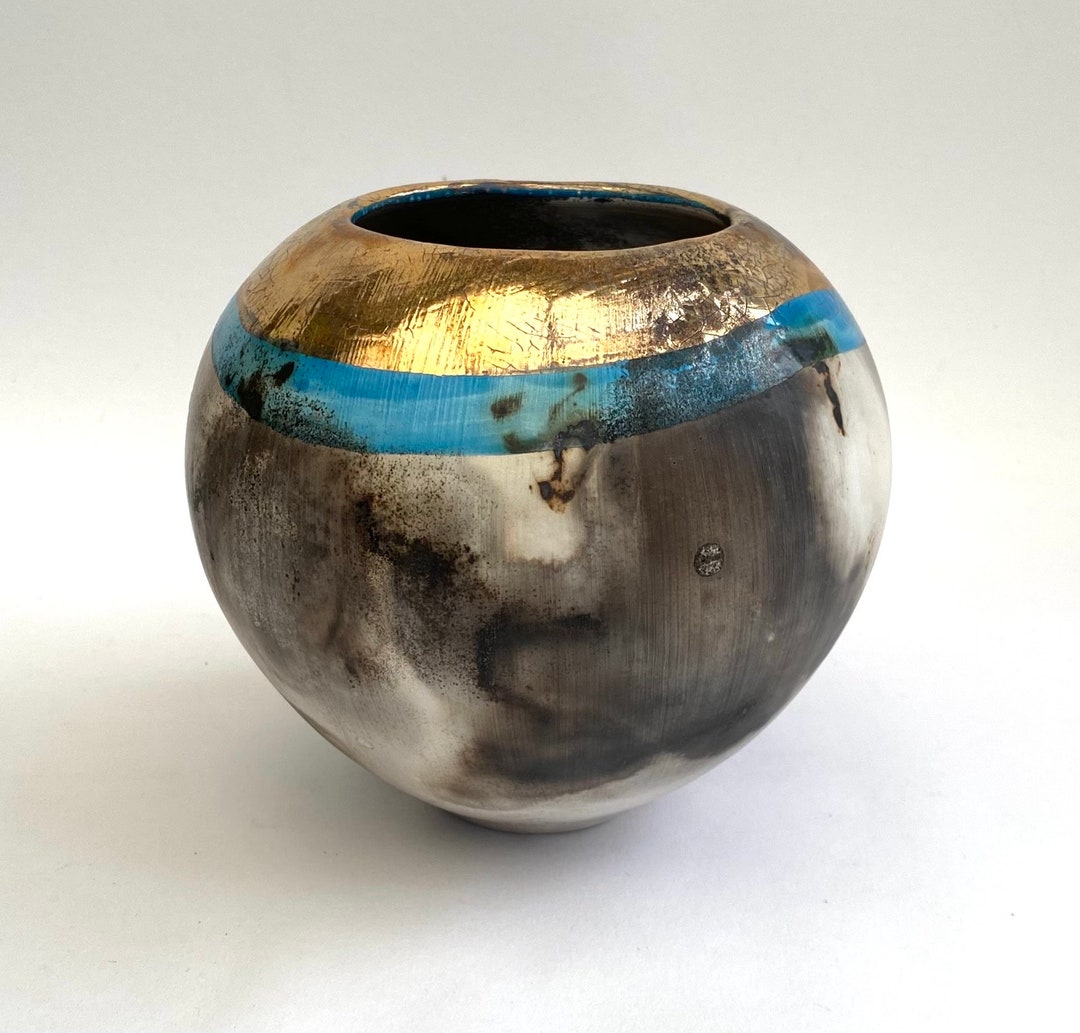 Ceramic Smoke-fired Vase With Blue Glaze and Gold Lustre. Luxury Gift ...