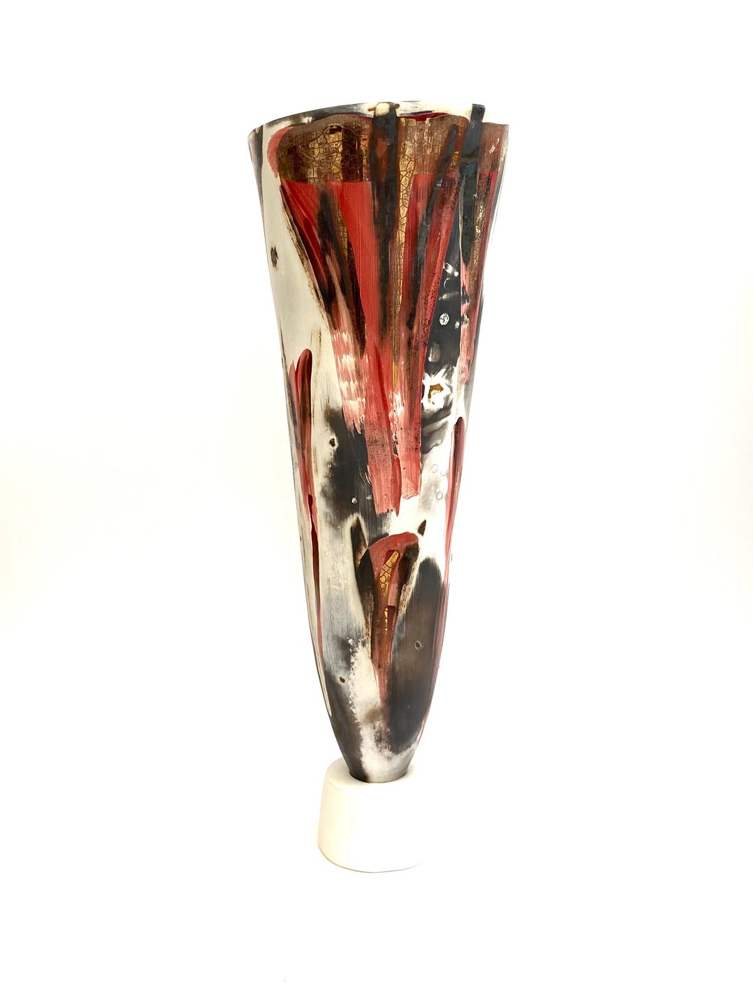 Tall Red Smoke Fired Ceramic Art Pot on Stand - Etsy