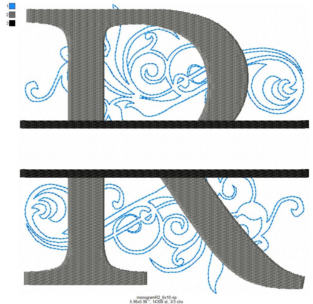 Split Monogram R Embroidery Design Font With Swirl Motif Design in 3 ...