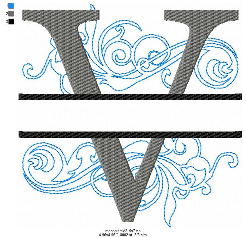 Split Monogram V Embroidery Design Font With Swirl Motif | Etsy