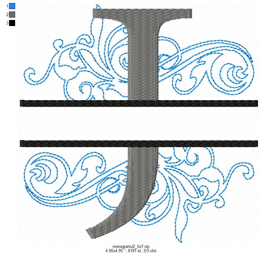 Split Monogram J Embroidery Design Font With Swirl Motif Design in 3 ...