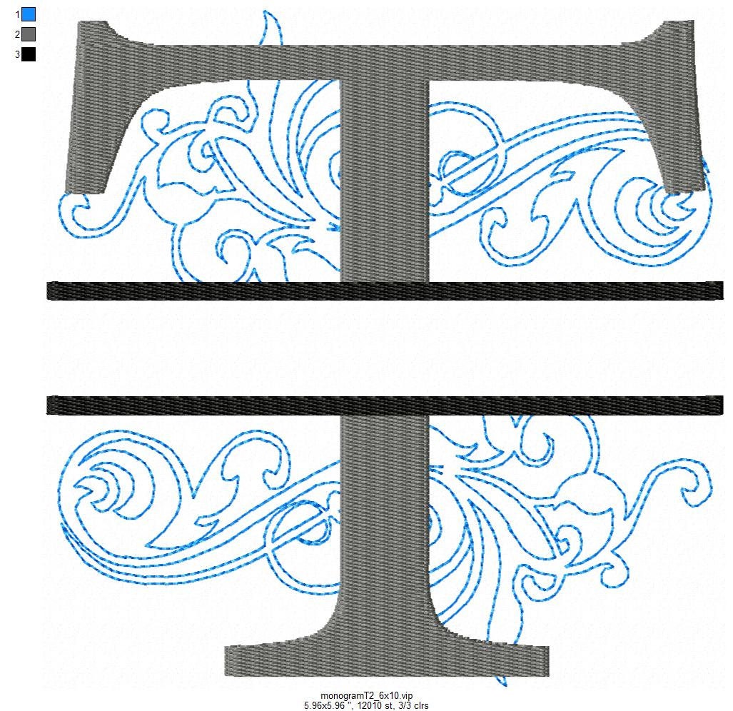 Split Monogram T Embroidery Design Font With Swirl Motif Design in 3 ...
