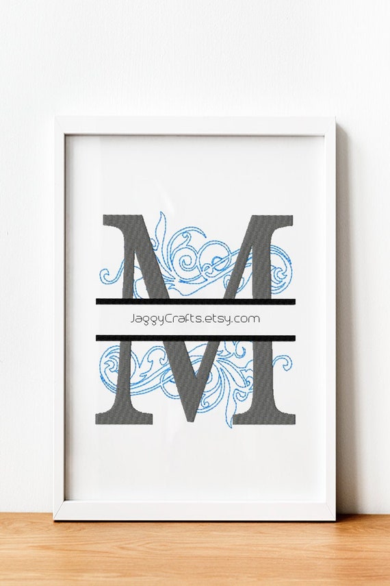 Split Monogram M Embroidery Design Font With Swirl Motif | Etsy