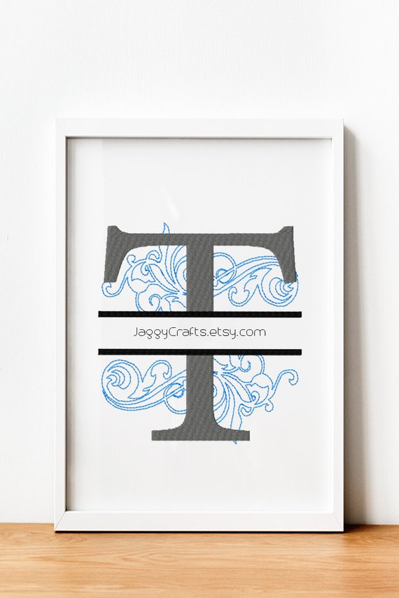 Split Monogram T Embroidery Design Font with Swirl Motif | Etsy