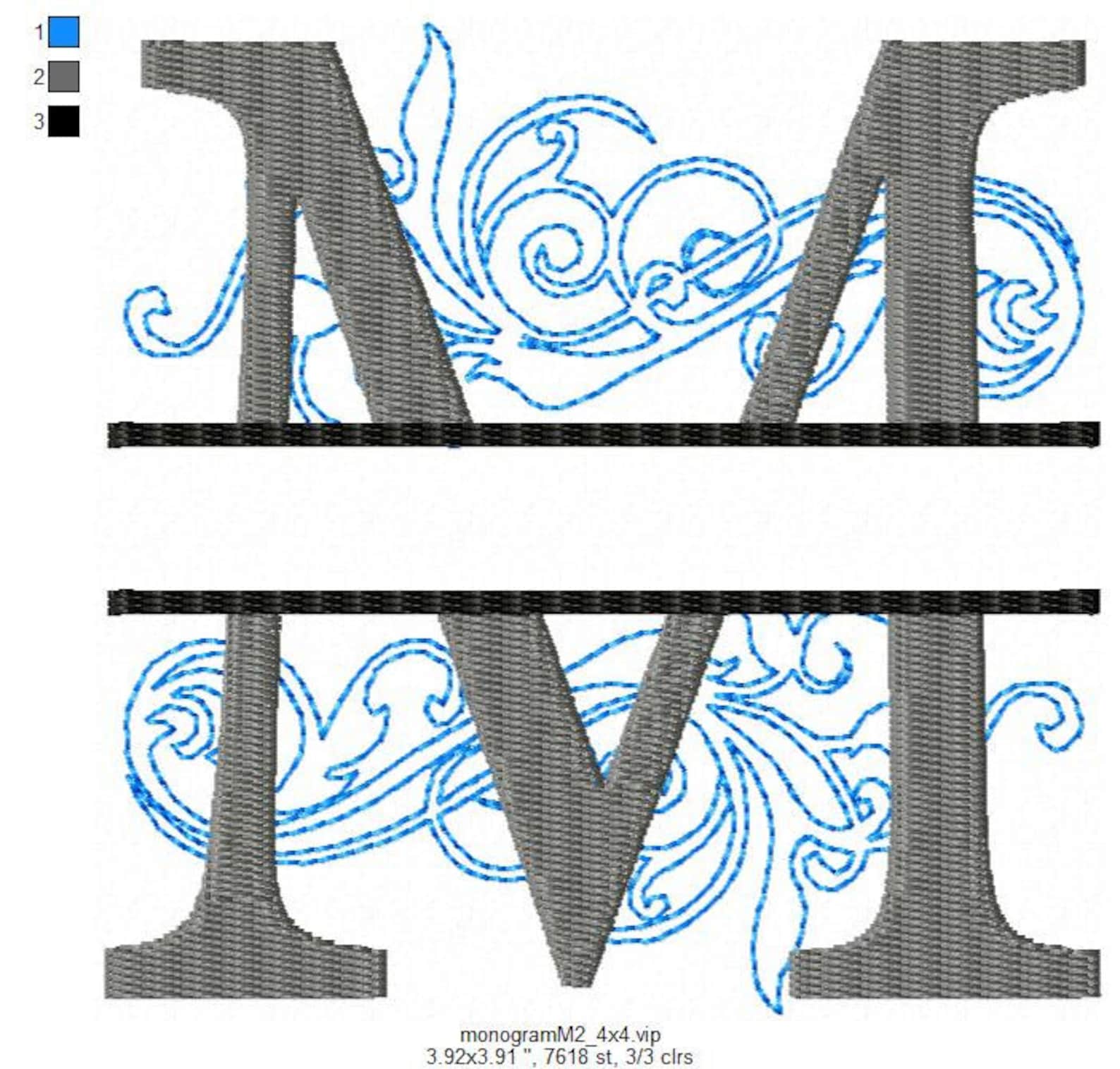 Split Monogram M Embroidery Design Font With Swirl Motif - Etsy
