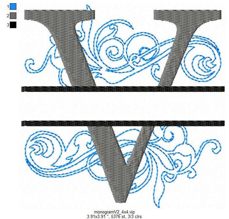 Split Monogram V Embroidery Design Font With Swirl Motif | Etsy