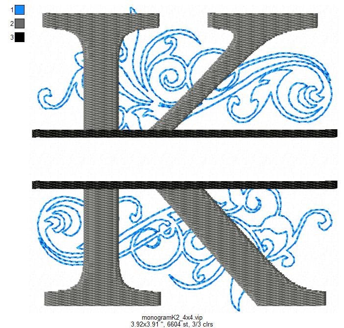 Split Monogram K Embroidery Design Font With Swirl Motif - Etsy