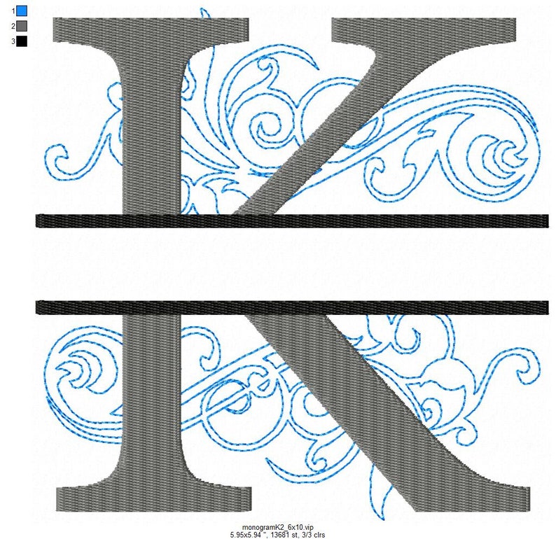 Split Monogram K Embroidery Design Font With Swirl Motif | Etsy
