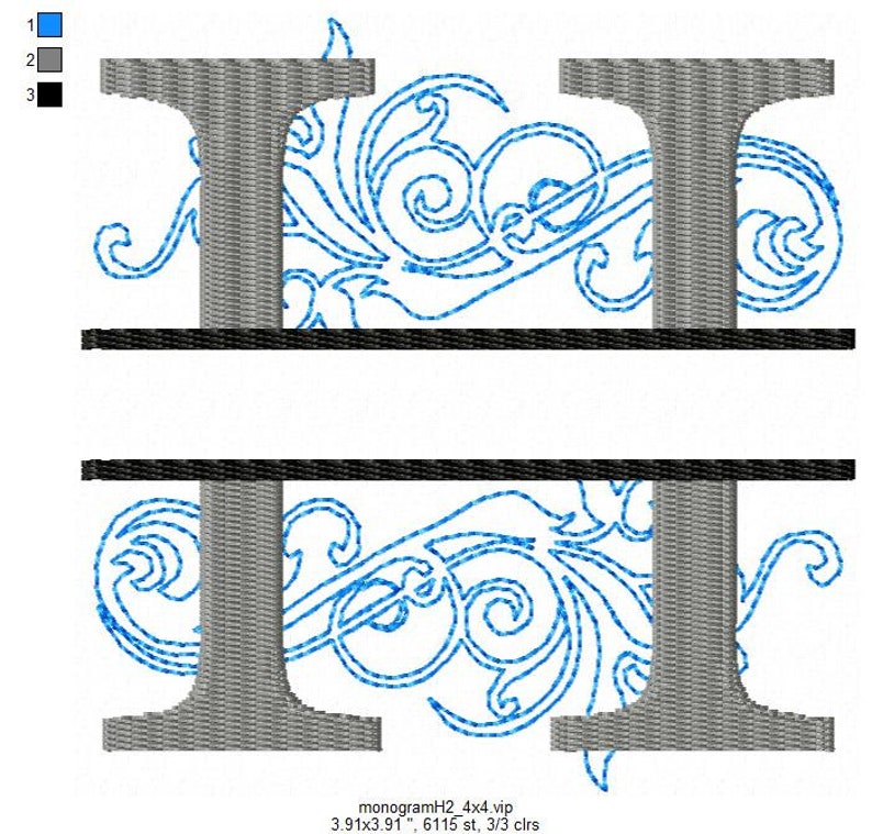 Split Monogram H Embroidery Design Font With Swirl Motif - Etsy