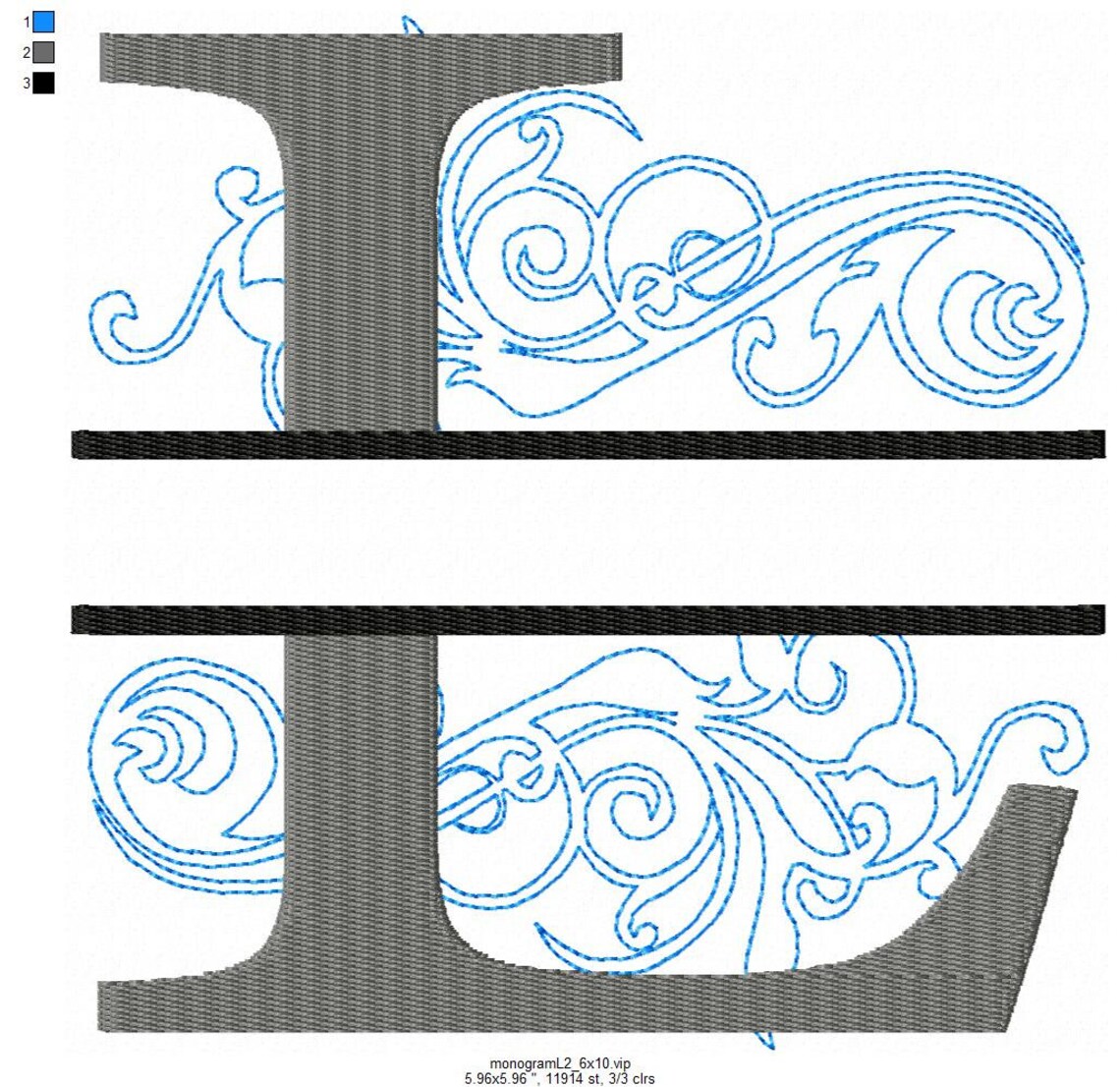 Split Monogram L Embroidery Design Font with Swirl Motif | Etsy