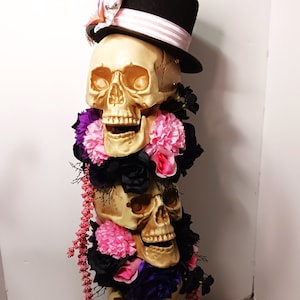 Skull Skeleton Totem Pole, Purple and Pink Flowers, Gothic Decor ...