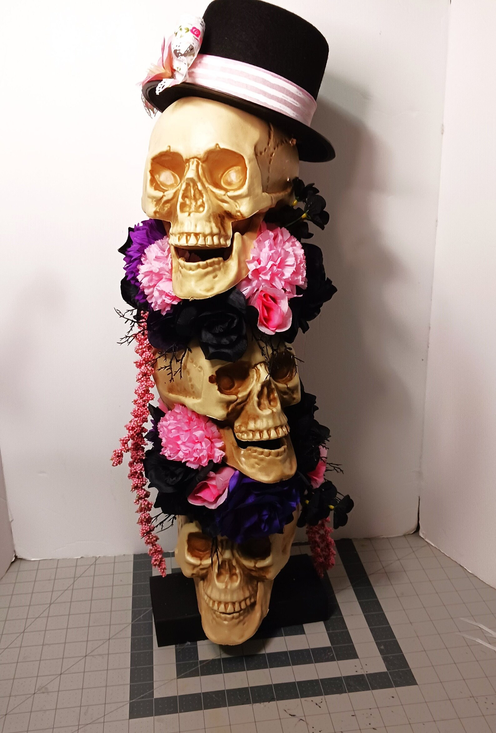 Skull Skeleton Totem Pole, Purple and Pink Flowers, Gothic Decor ...